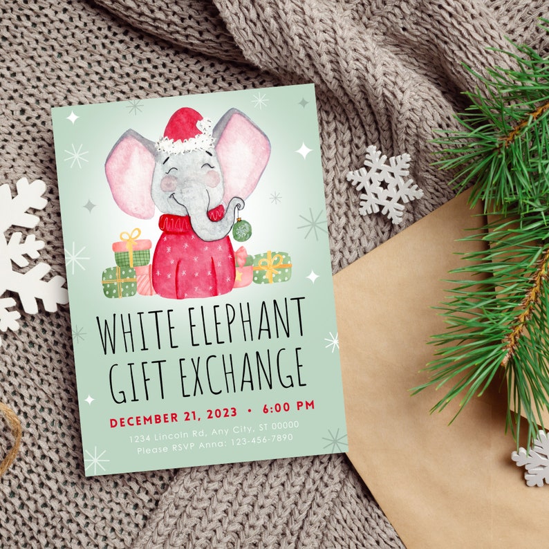 White Elephant Gift Exchange Christmas Party Invitation Secret Santa ...