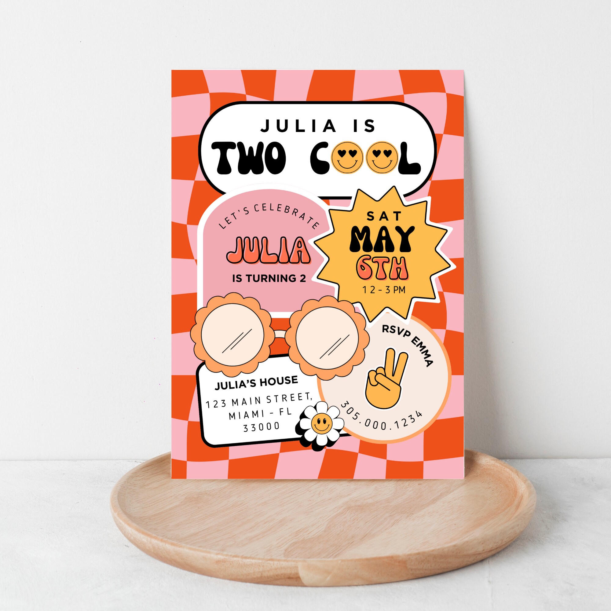 Two Cool Birthday Invitation Template Checkered Smiley Face Retro 2nd ...