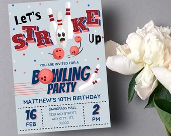 Retro Bowling Birthday Invitation, Strike up Some Fun, Canva Template ...