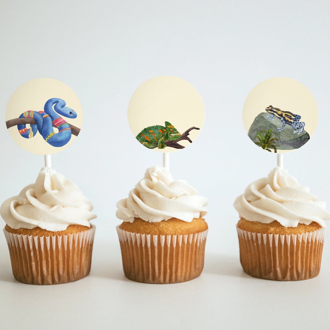 Reptile Cupcake Toppers Lizard Snake Chameleon Round Labels Kids ...