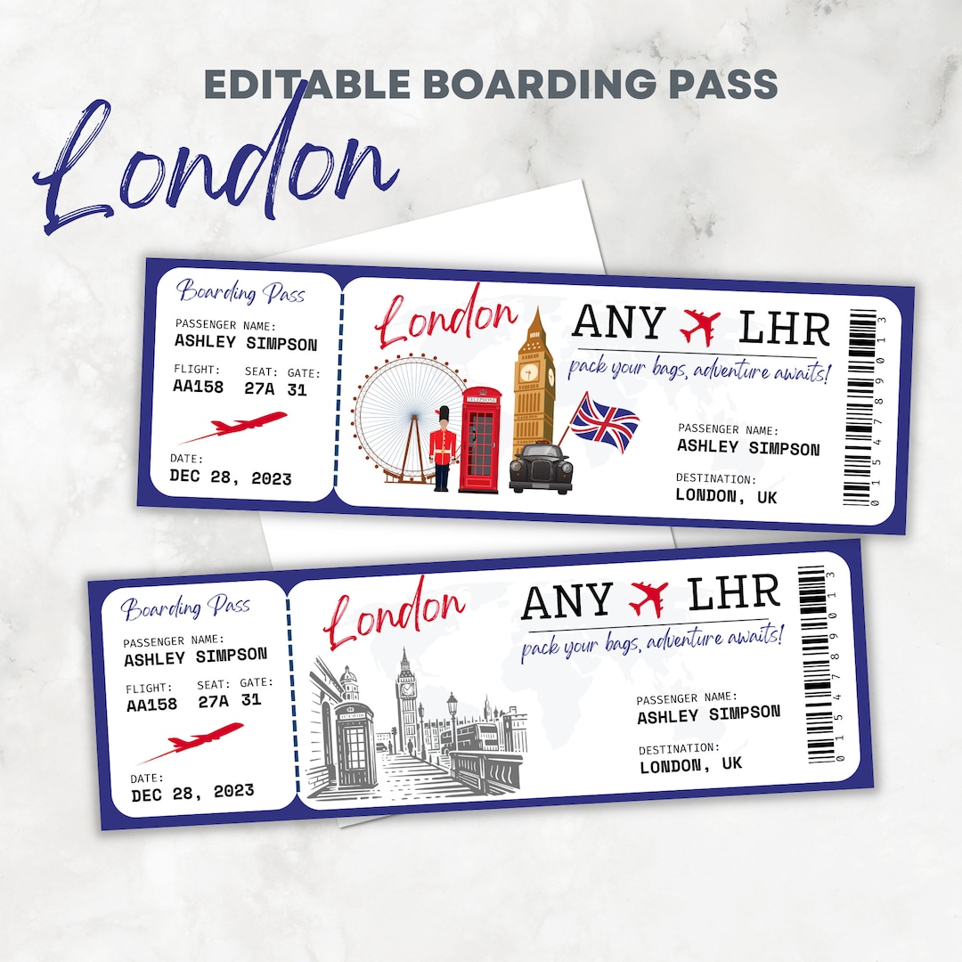 Editable and Printable Boarding Pass London Surprise Trip England ...