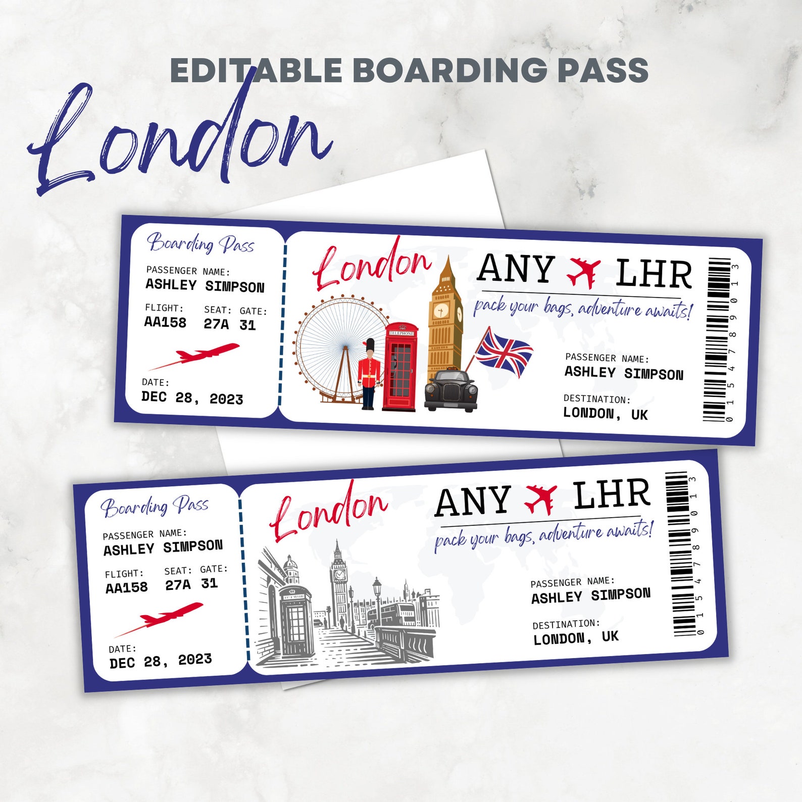 Editable and Printable Boarding Pass London Surprise Trip England ...