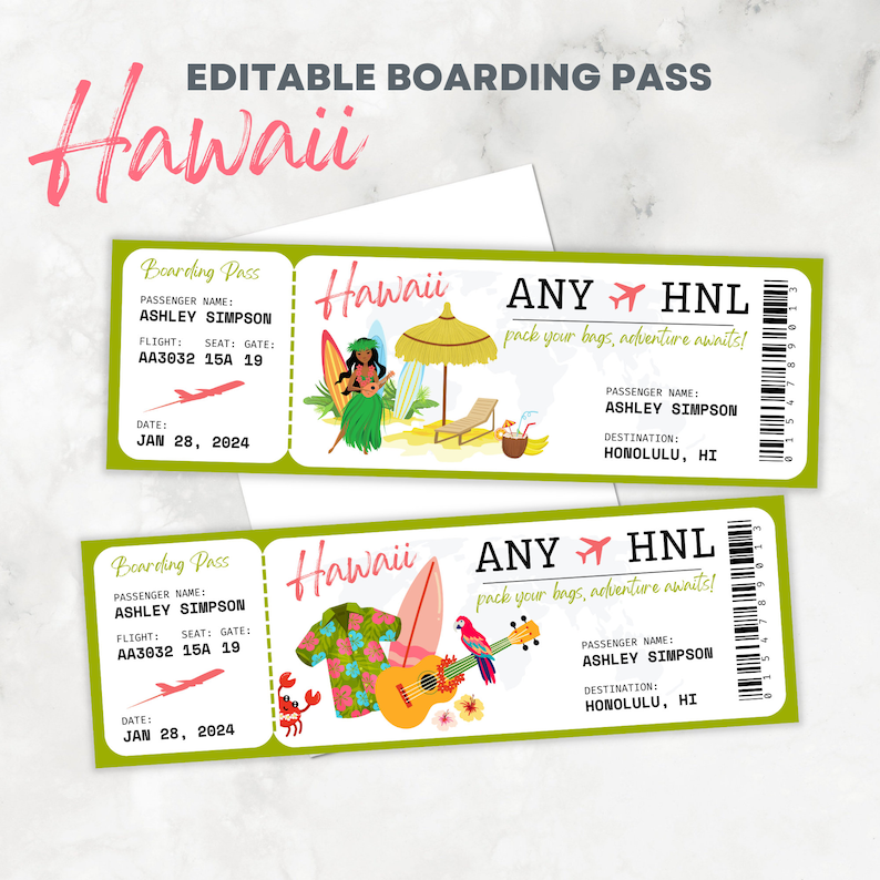 Editable and Printable Boarding Pass Hawaii Surprise Trip Honolulu ...