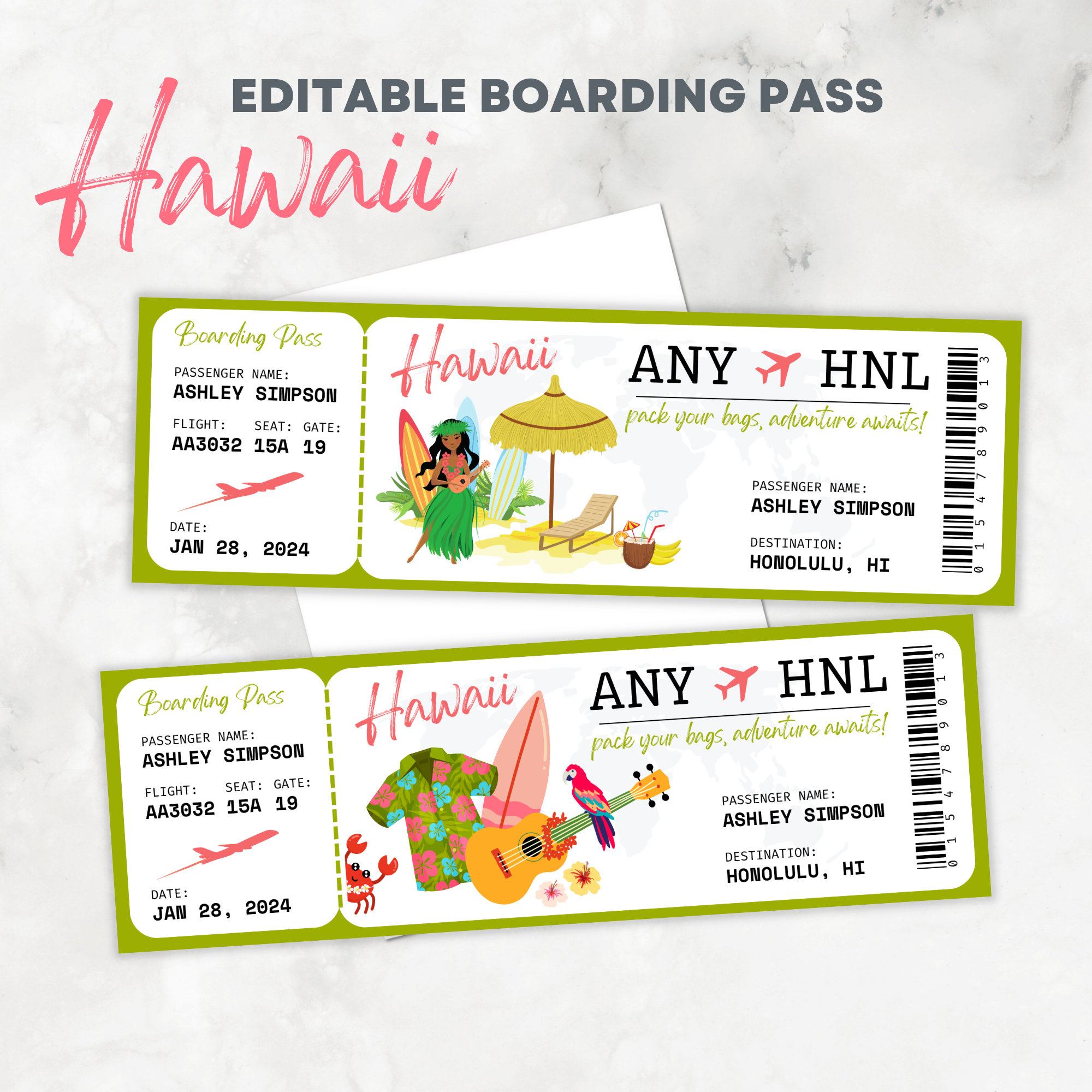 Editable and Printable Boarding Pass Hawaii Surprise Trip Honolulu ...