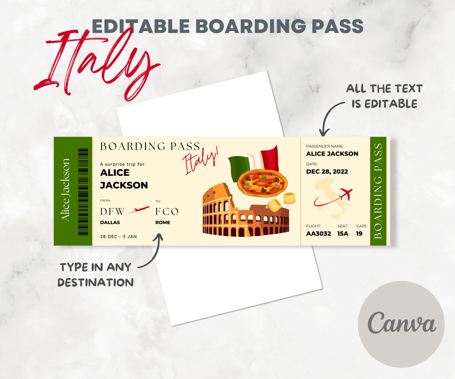 Boarding Pass Italy Surprise Ticket Rome Vacation Trip - Etsy