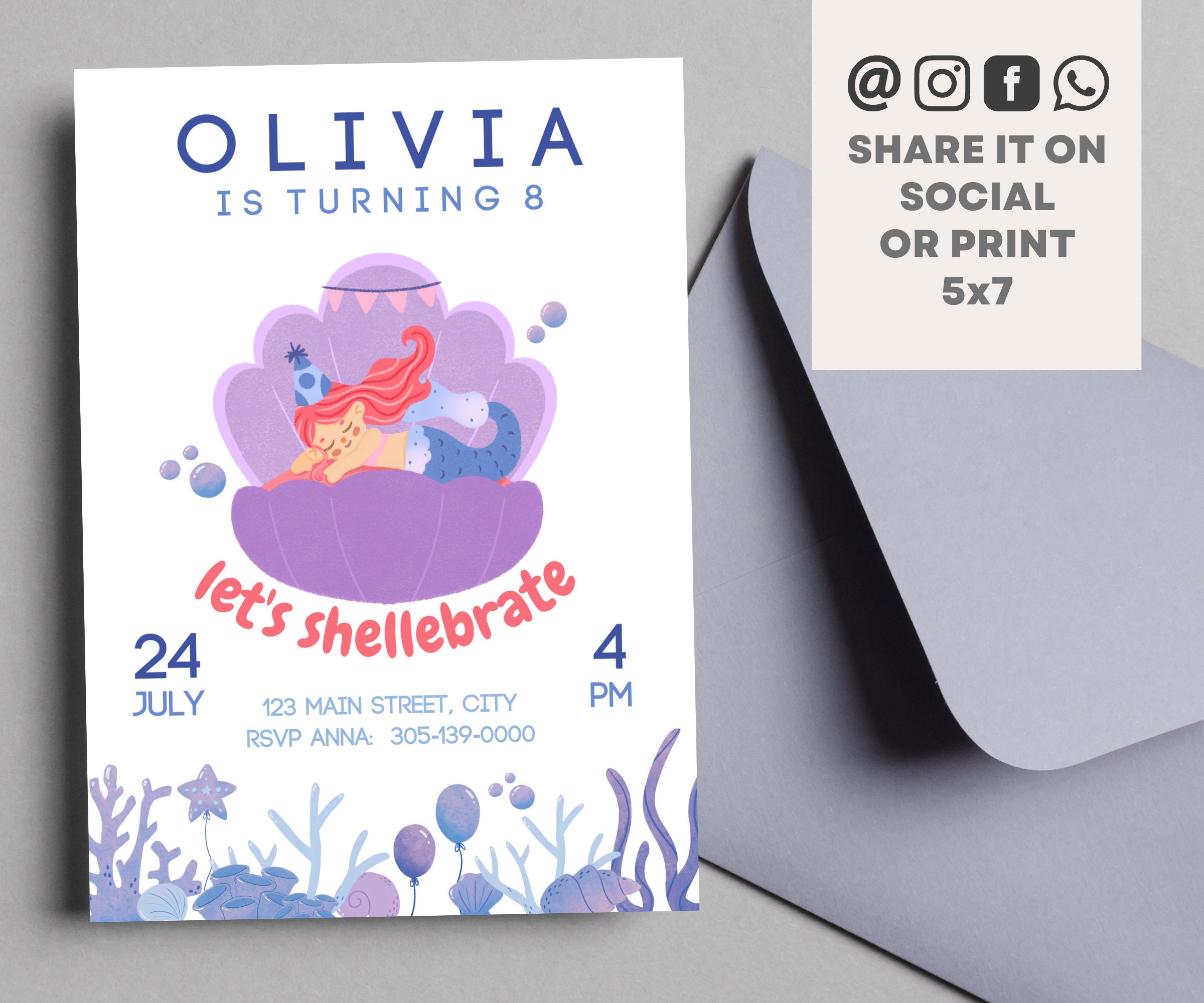 Let's Shellebrate Birthday Invitation | Mermaid Party Invite | Editable ...