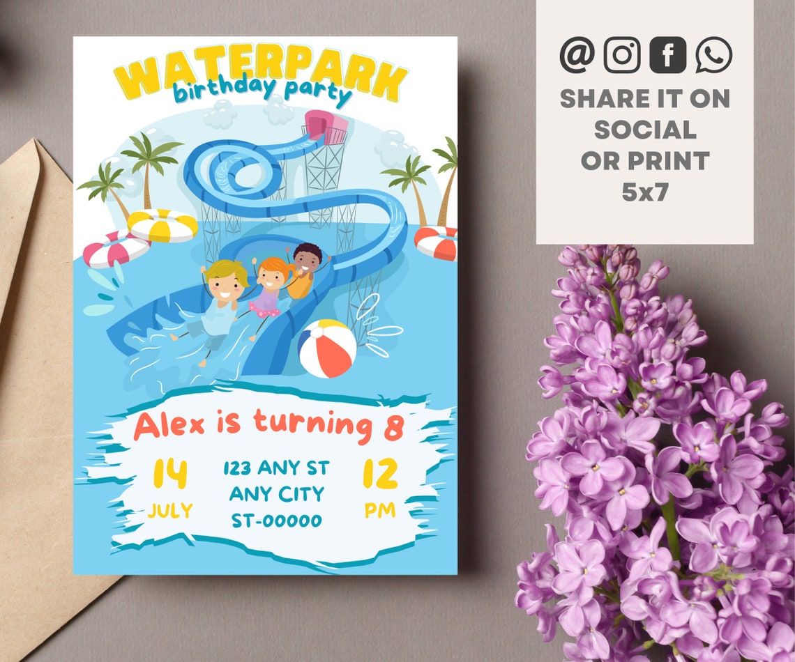 Waterpark Birthday Invitation Template | Aqua Park Invite | Printable ...