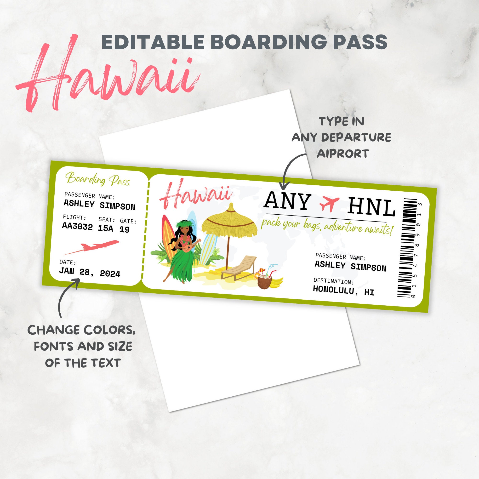 Editable and Printable Boarding Pass Hawaii Surprise Trip Honolulu ...