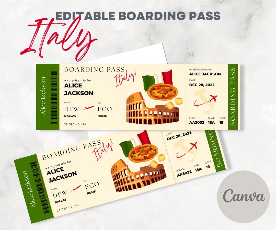 Boarding Pass Italy, Surprise Ticket Rome, Vacation Trip Europe ...