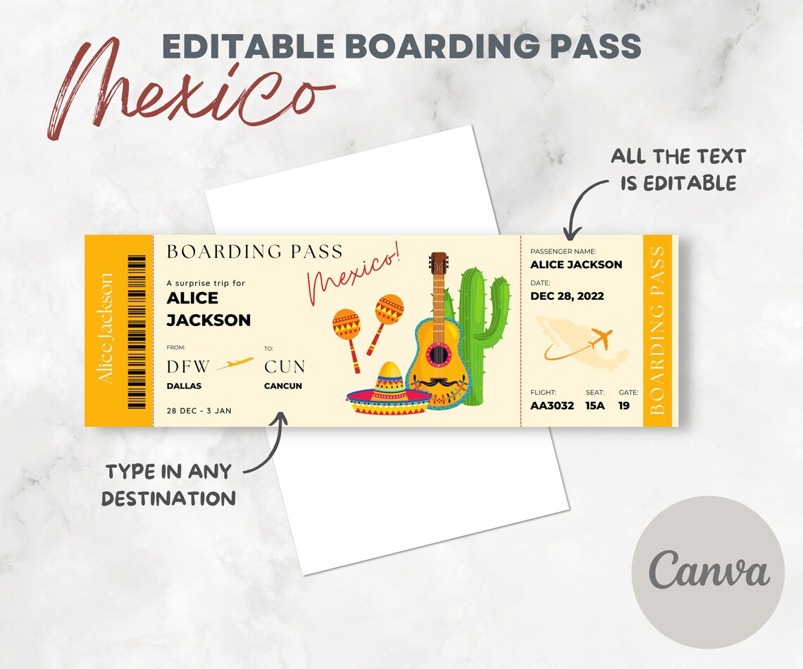 Boarding Pass Mexico, Surprise Ticket Cancun, Vacation Trip Surprise ...