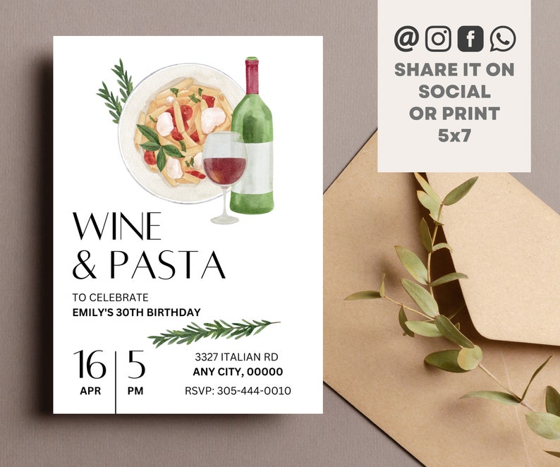 Pasta and Wine Birthday Party Invitation | Italian Dinner Housewarming ...