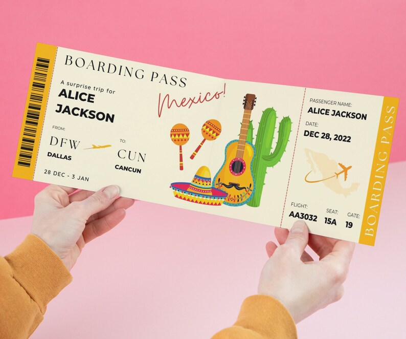 Boarding Pass Mexico, Surprise Ticket Cancun, Vacation Trip Surprise ...