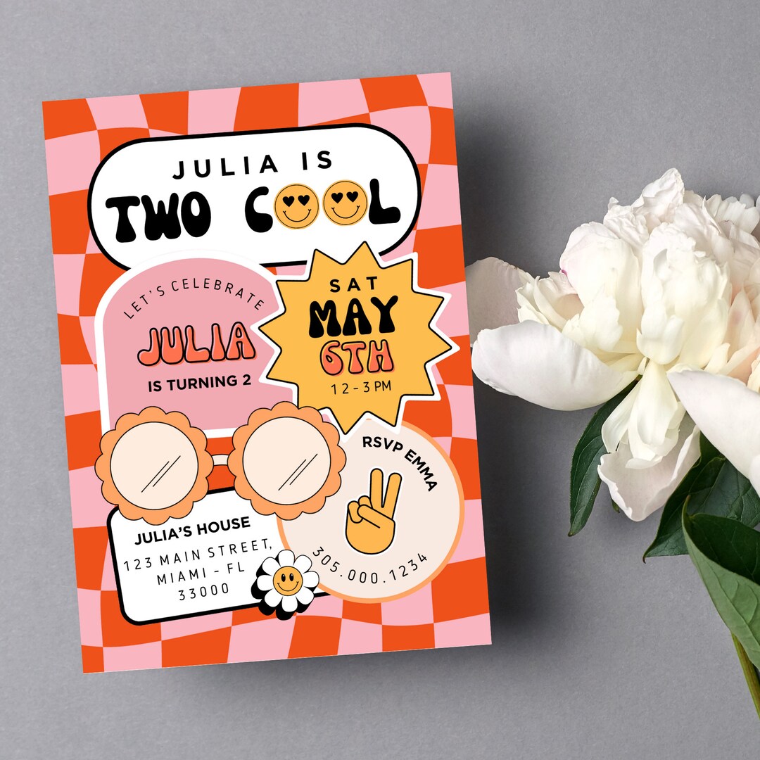 Two Cool Birthday Invitation Template Checkered Smiley Face Retro 2nd ...