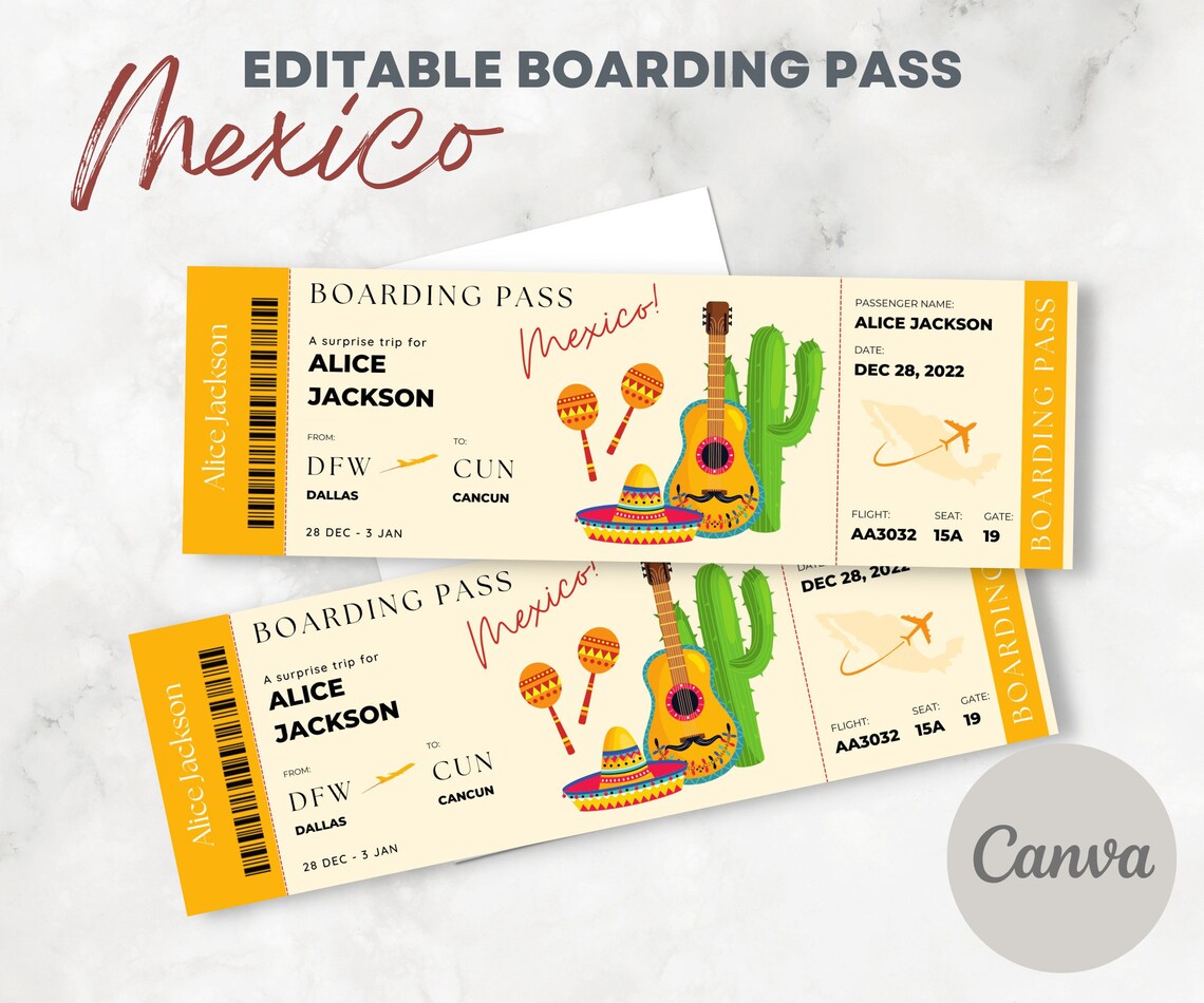 Boarding Pass Mexico, Surprise Ticket Cancun, Vacation Trip Surprise ...