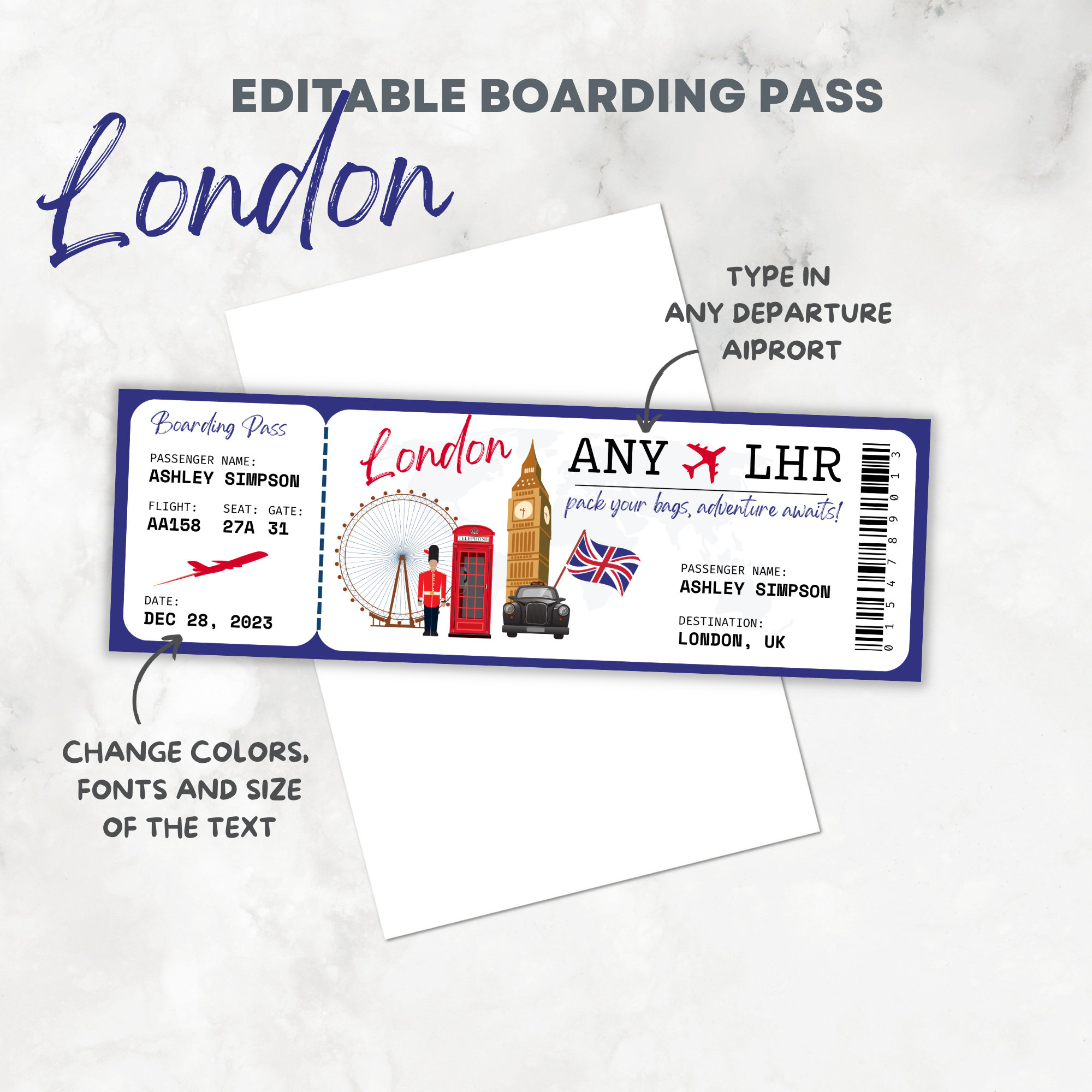 Editable and Printable Boarding Pass London Surprise Trip England ...