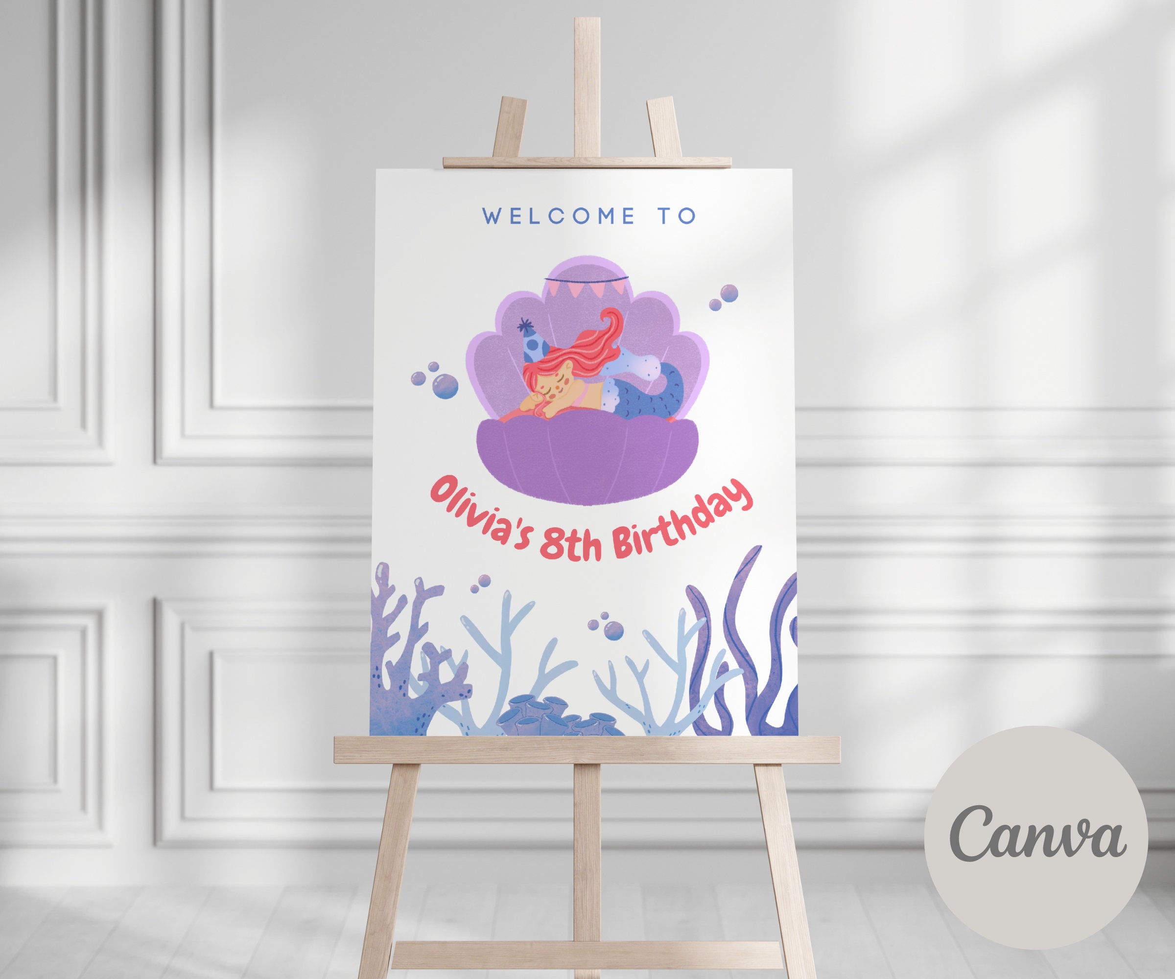 Mermaid Party Welcome Sign Editable Canva Template Under the Sea Theme ...