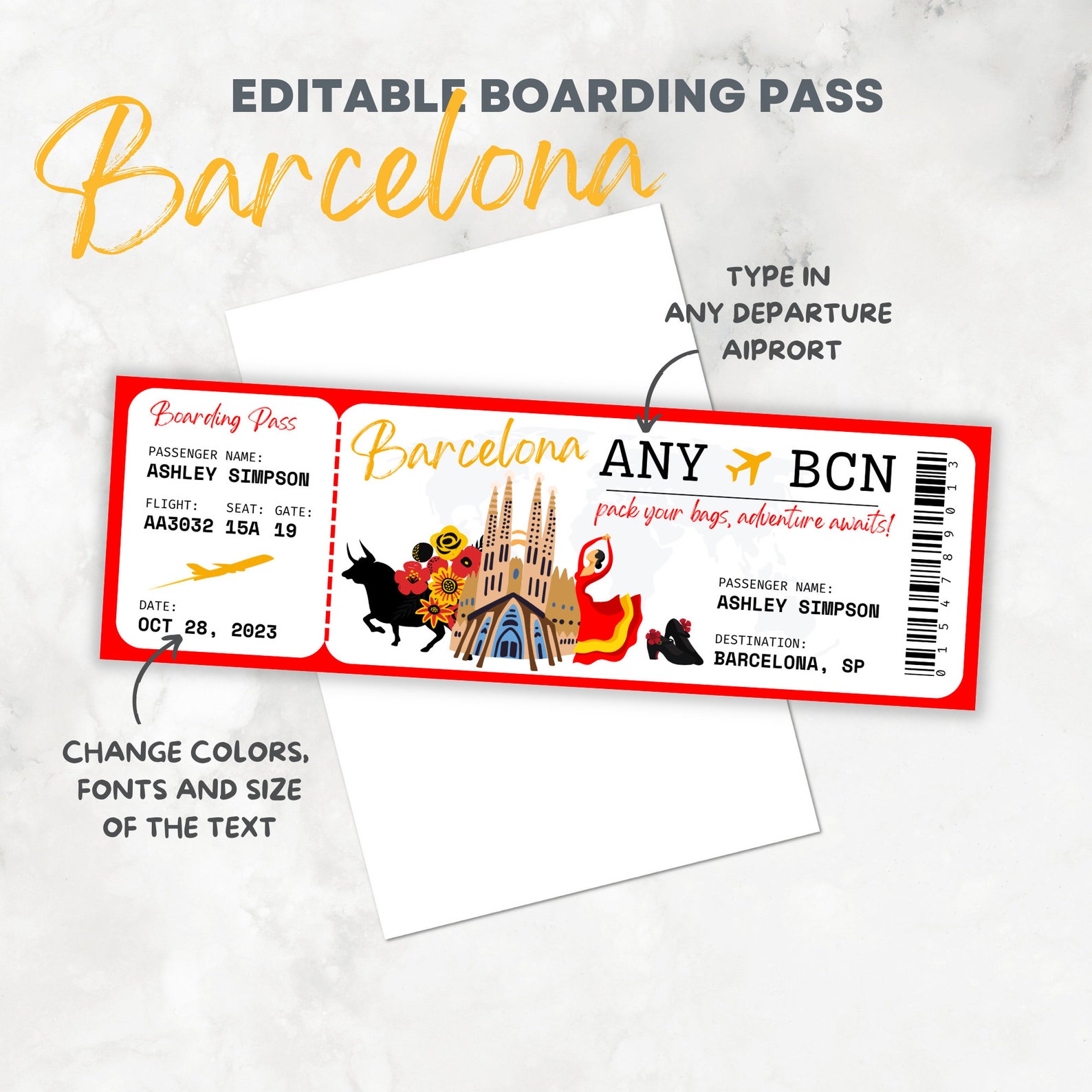 Editable and Printable Boarding Pass Barcelona Surprise Trip Spain ...