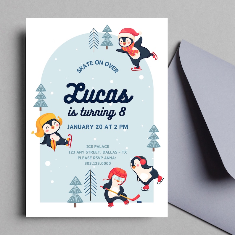 Penguins Ice Skating Birthday Invitation Figure Skating Winter Party ...