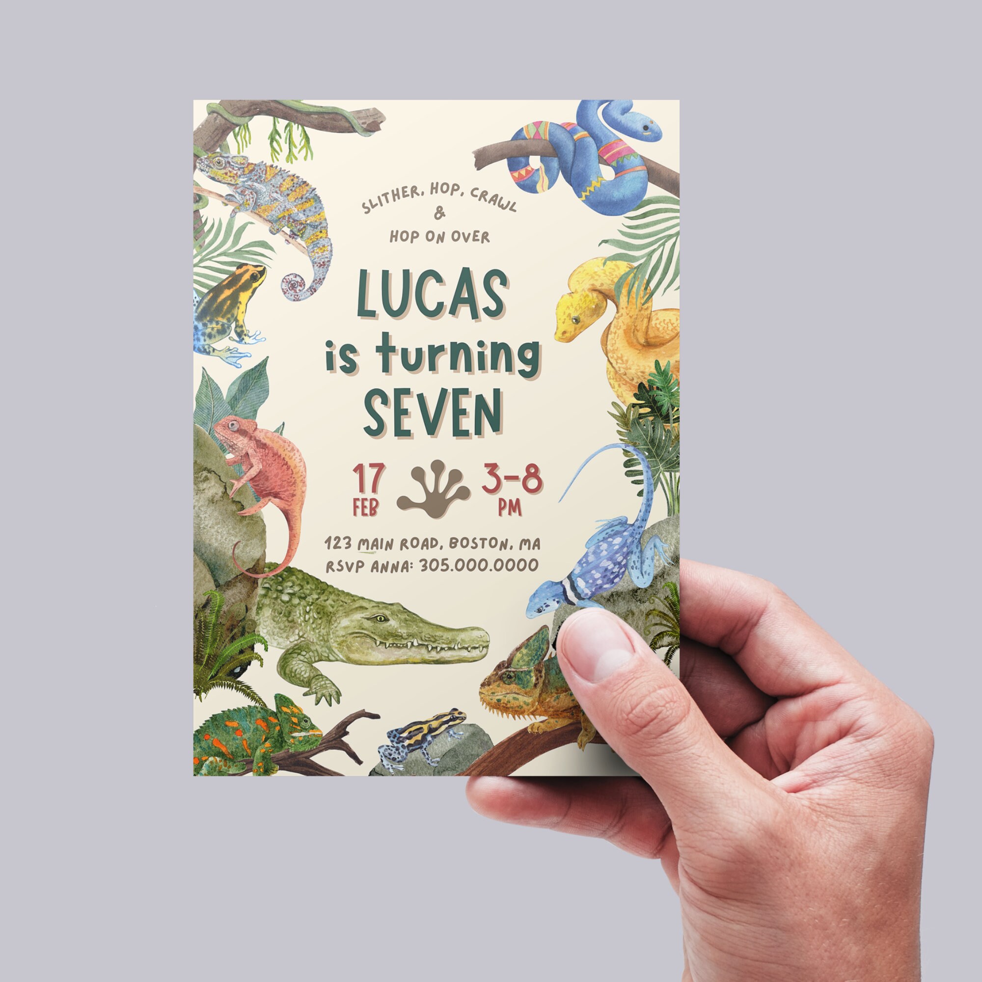 Reptile Birthday Invitation Template Lizard Snake Chameleon Kids Party ...