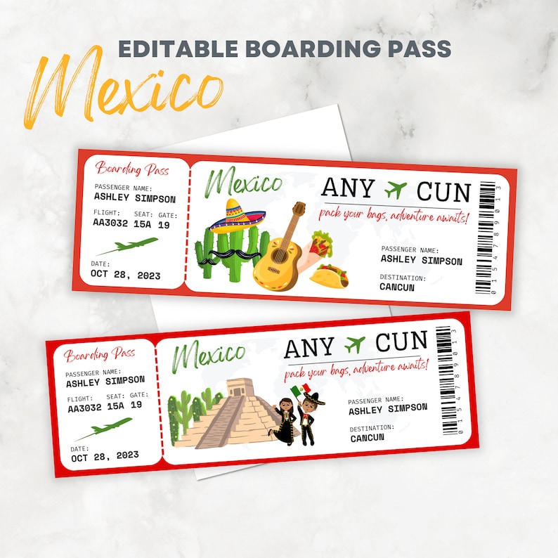Editable and Printable Boarding Pass Mexico Surprise Trip Cancun ...