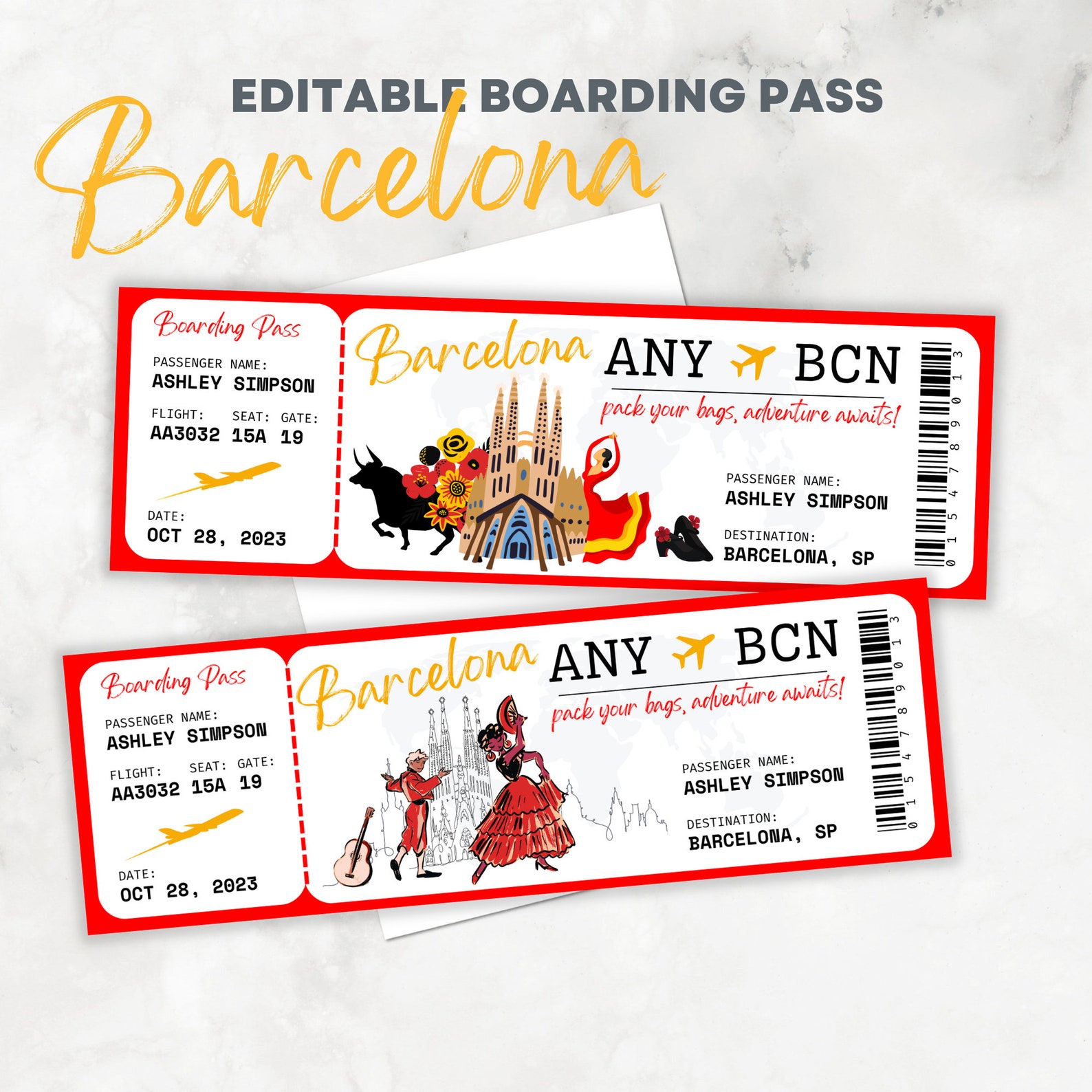 Editable and Printable Boarding Pass Barcelona Surprise Trip Spain ...
