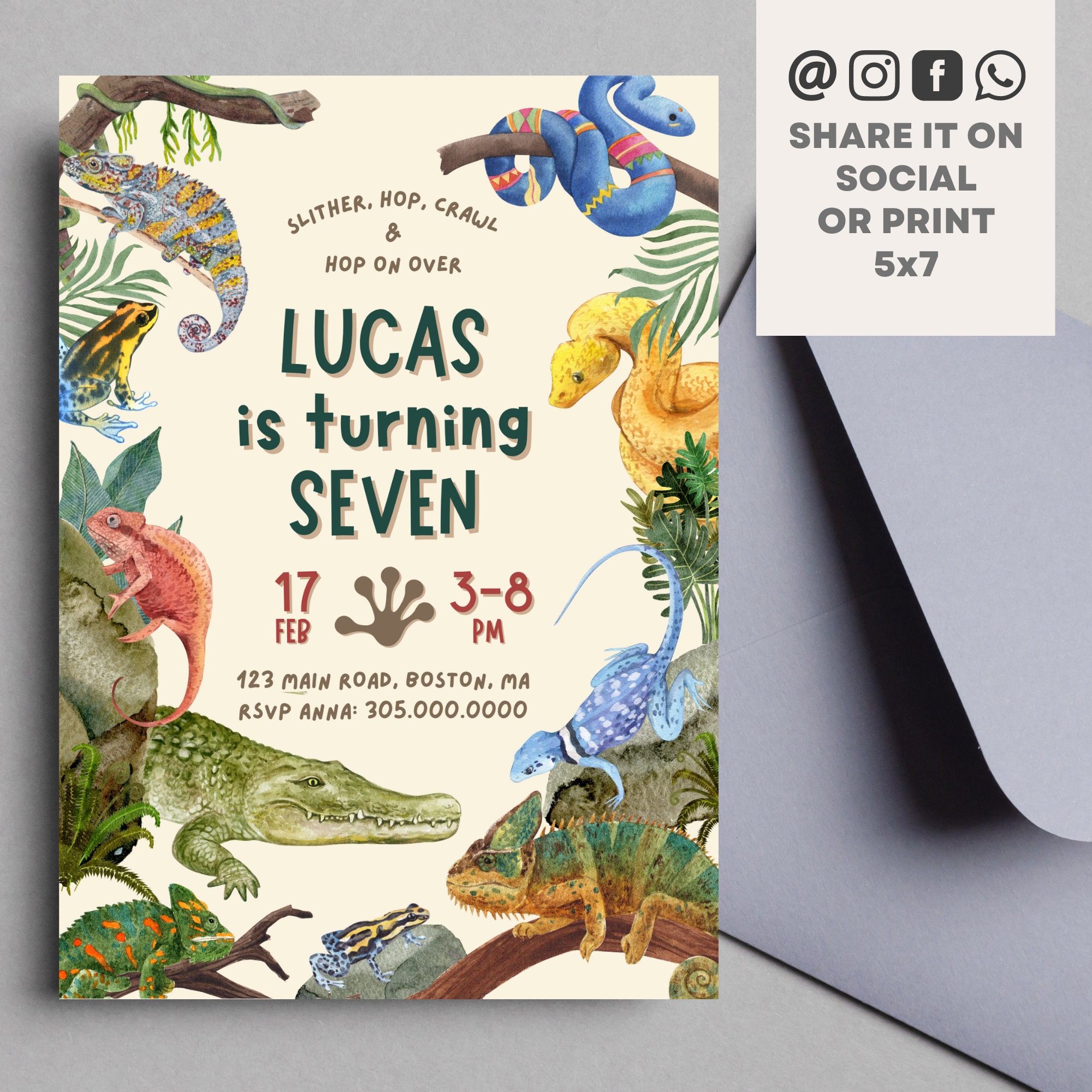 Reptile Birthday Invitation Template Lizard Snake Chameleon Kids Party ...