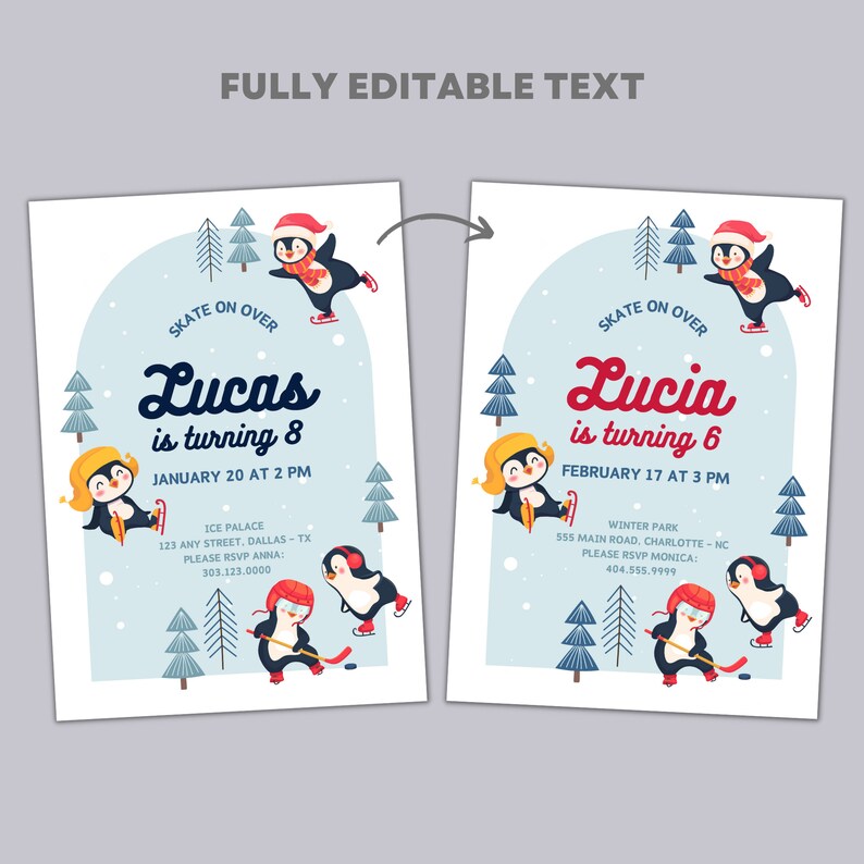 Penguins Ice Skating Birthday Invitation Figure Skating Winter Party ...