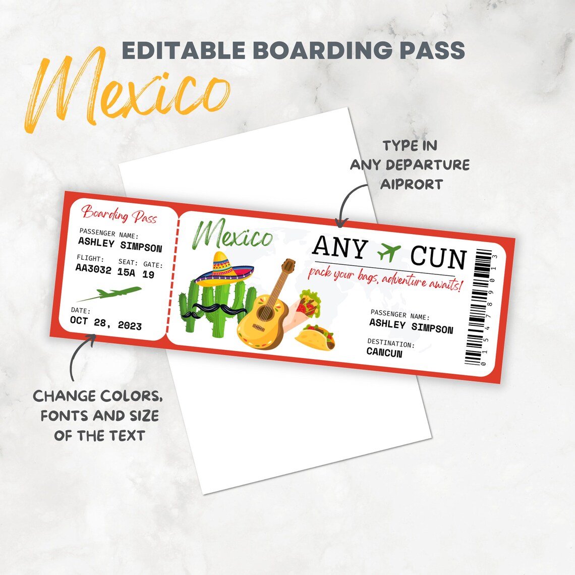 Editable and Printable Boarding Pass Mexico Surprise Trip Cancun ...