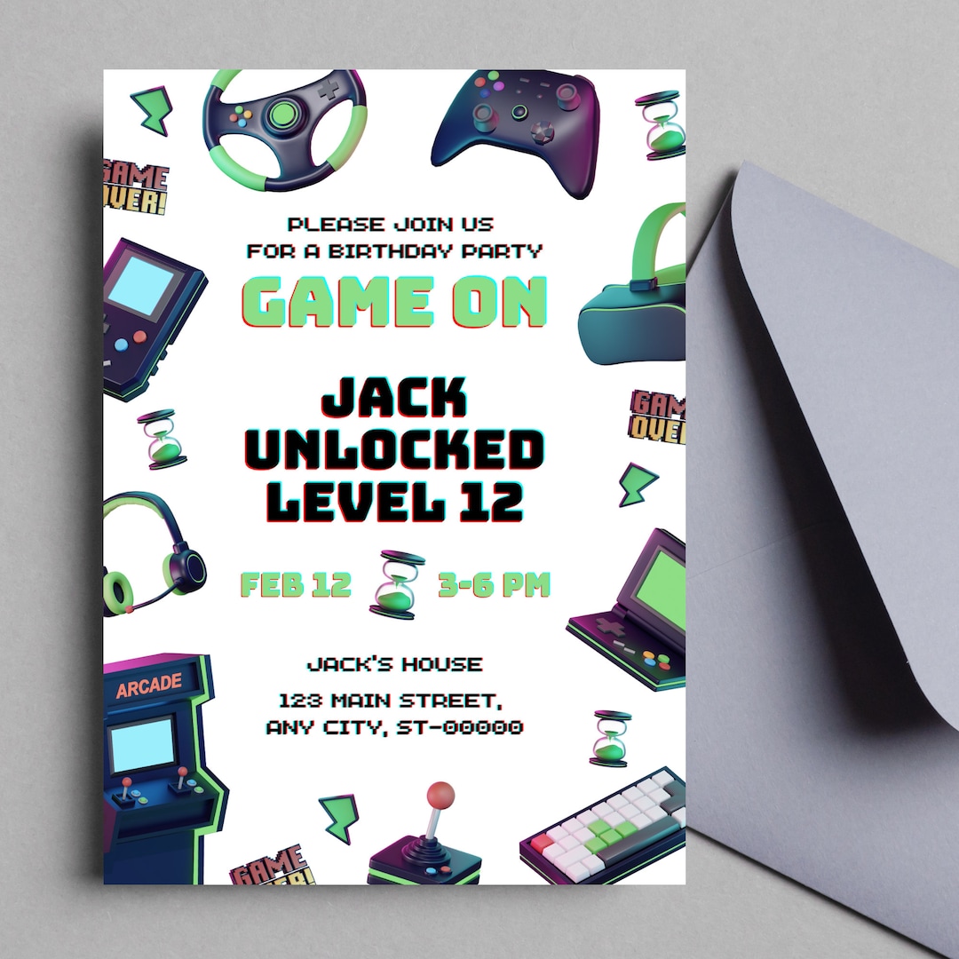 GAME ON Birthday Party Invitation Gaming Theme Kids Party Arcade Video ...