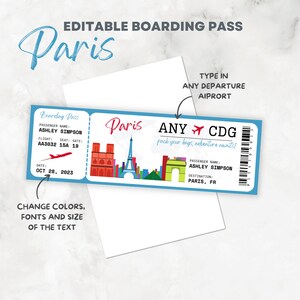 Editable and Printable Boarding Pass Paris Surprise Trip France ...