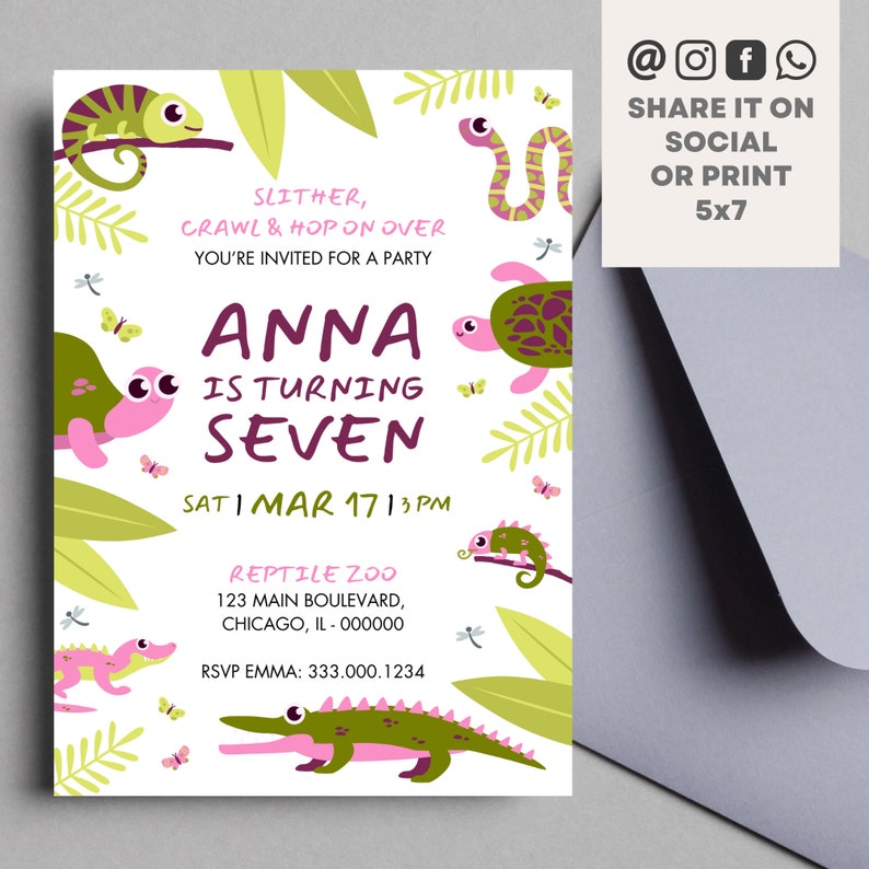Reptile Birthday Invitation: Turtle, Lizard, Snake Theme (editable ...
