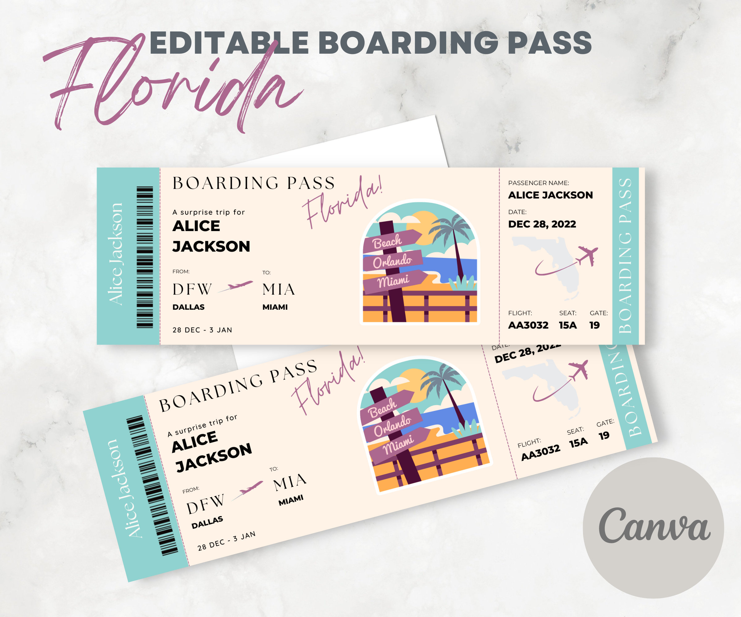 Boarding Pass Florida, Surprise Ticket Miami, Vacation Trip Orlando ...