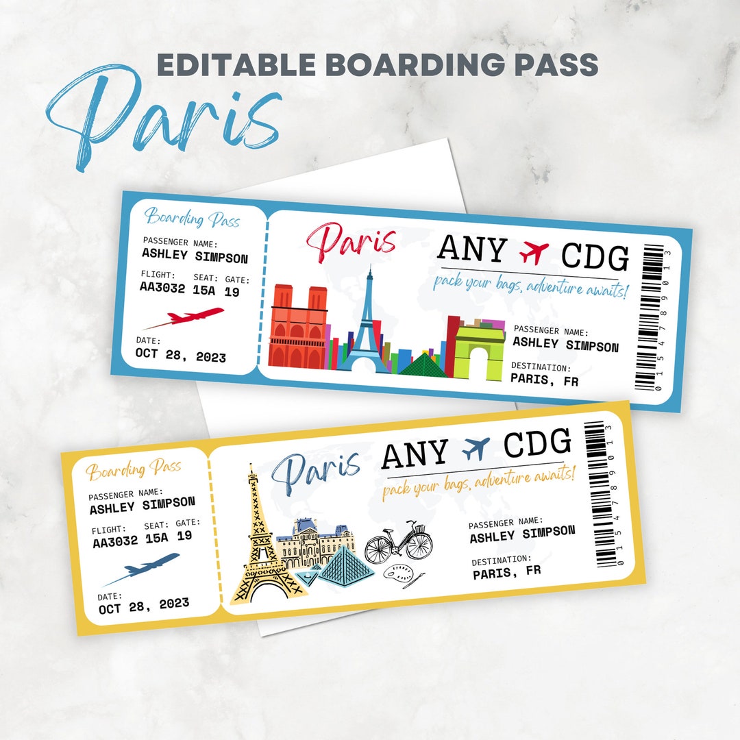 Editable and Printable Boarding Pass Paris Surprise Trip France ...