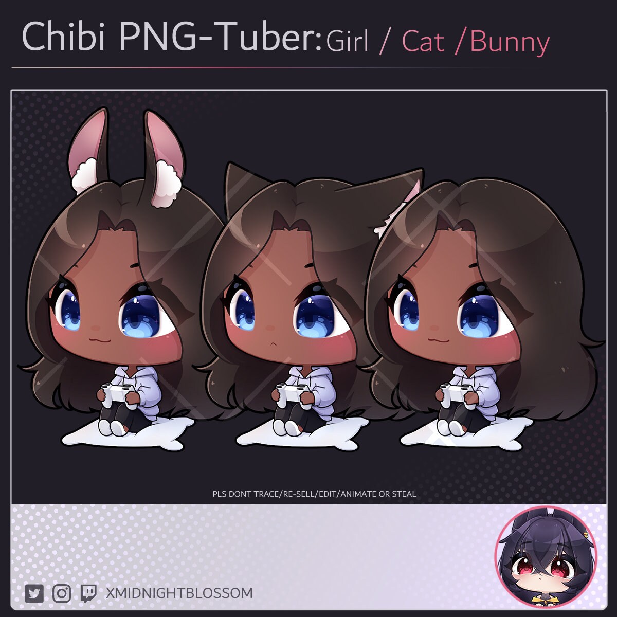 Cute Chibi Bunny Cat Girl | Brown Hair| 4 Different Eyes Colors | Dark ...