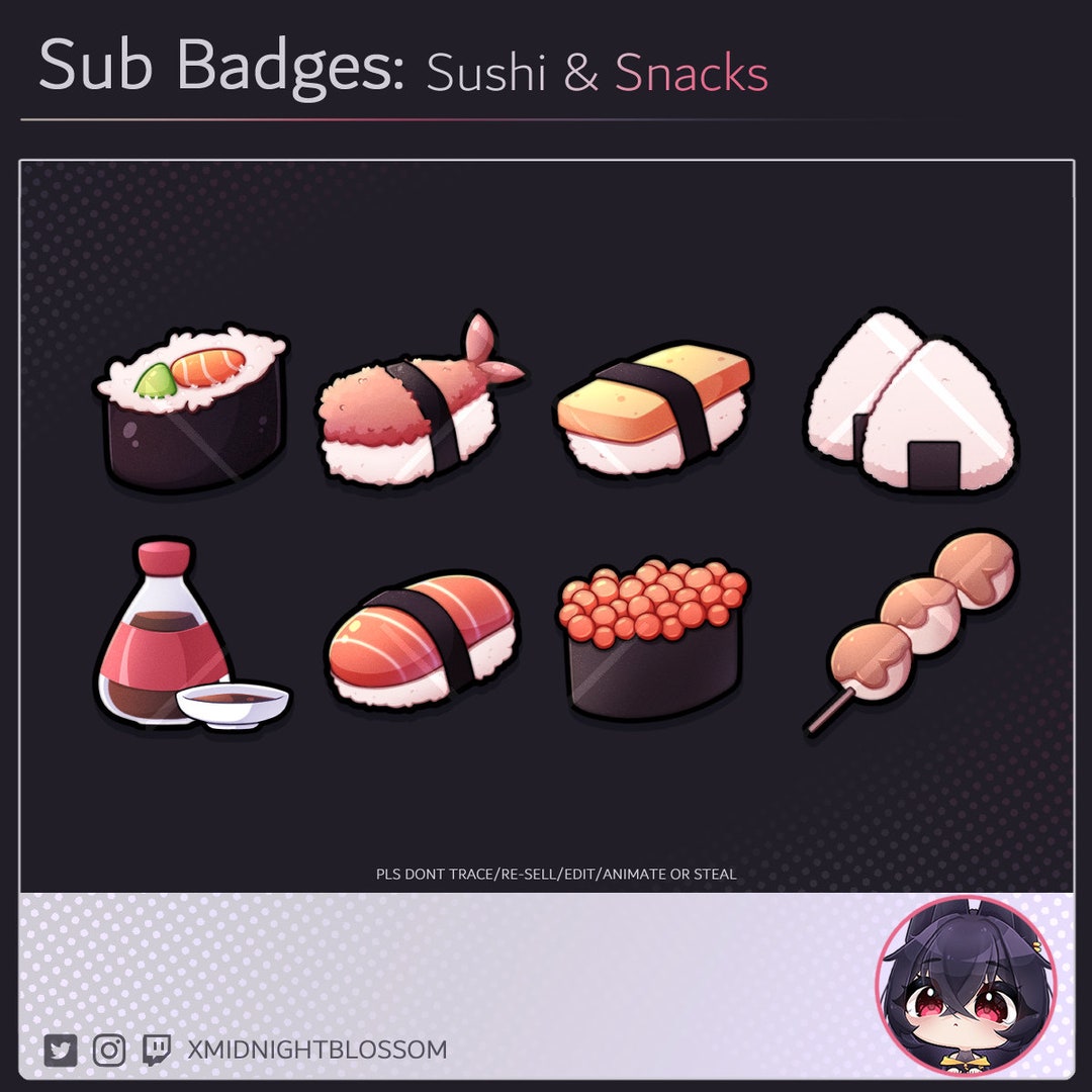 Cute Japanese Food Sushi Onigiri Sub & Bit Badges for Streamer ...
