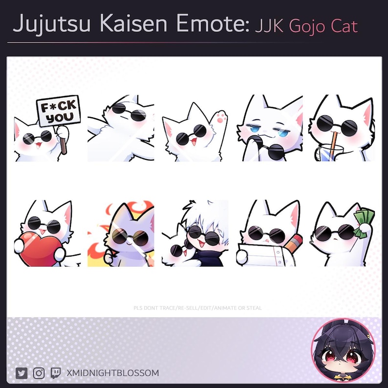 10 Cute Go Jo Cat Emote Set Bundle "jjk" | Twitch Discord Emotes ...