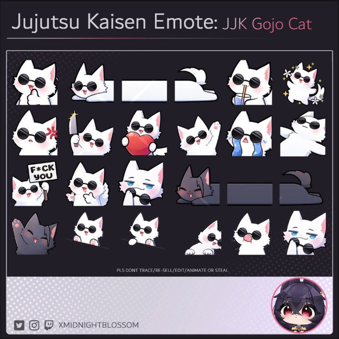 25 Cute Go Jo Cat Emote Set Bundle "jjk" | Twitch Discord Emotes ...