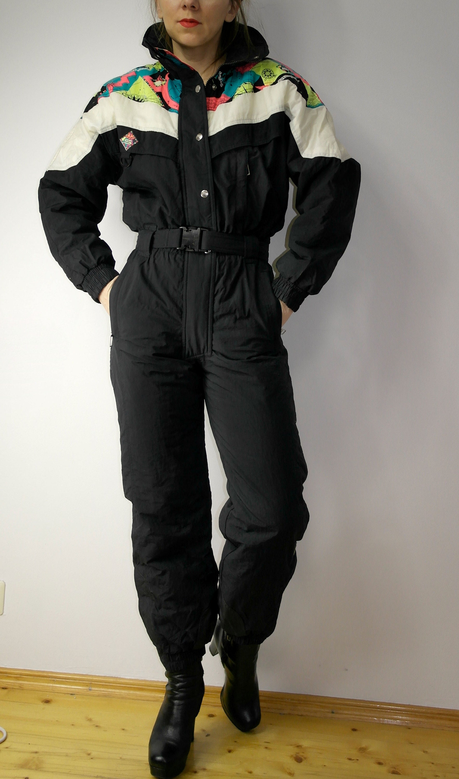 Vintage Color Block One PIECE SKI SUIT / 90S Spirit Black Snow Suit ...