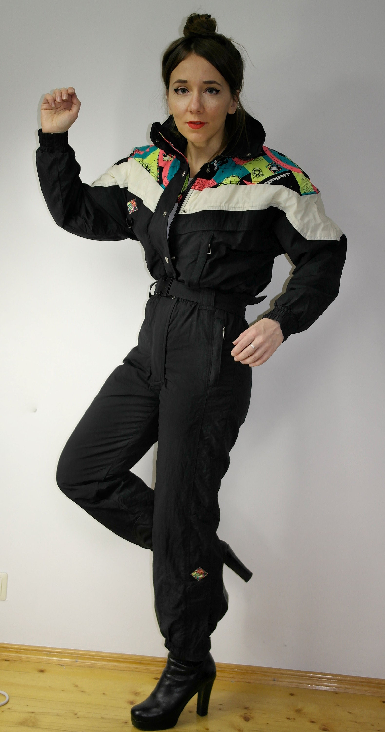 Vintage Color Block One PIECE SKI SUIT / 90S Spirit Black Snow Suit ...