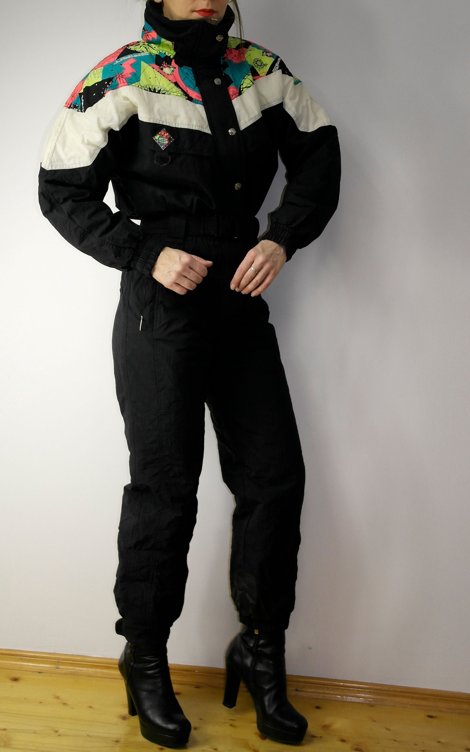 Vintage Color Block One PIECE SKI SUIT / 90S Spirit Black Snow Suit ...