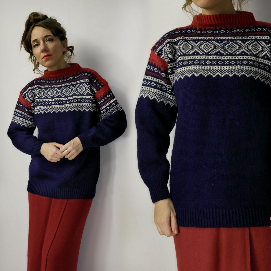 Norwegian MARIUS Genser Vintage Wool Sweater Size S Handmade Blue Red ...