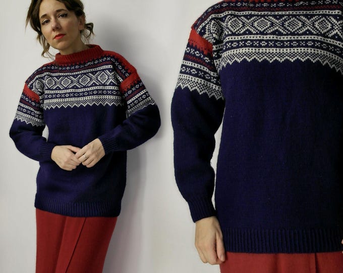 Norwegian MARIUS Genser Vintage Wool Sweater Size S Handmade Blue Red ...