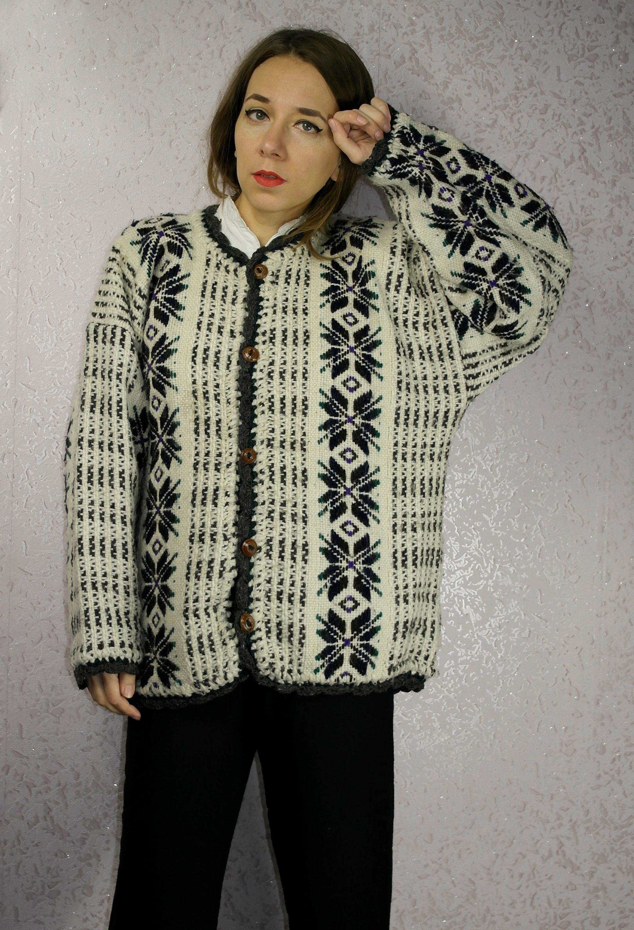 Vintage Folk Wool Sweater South America Aztec Ecuador Cardigan Jacket ...
