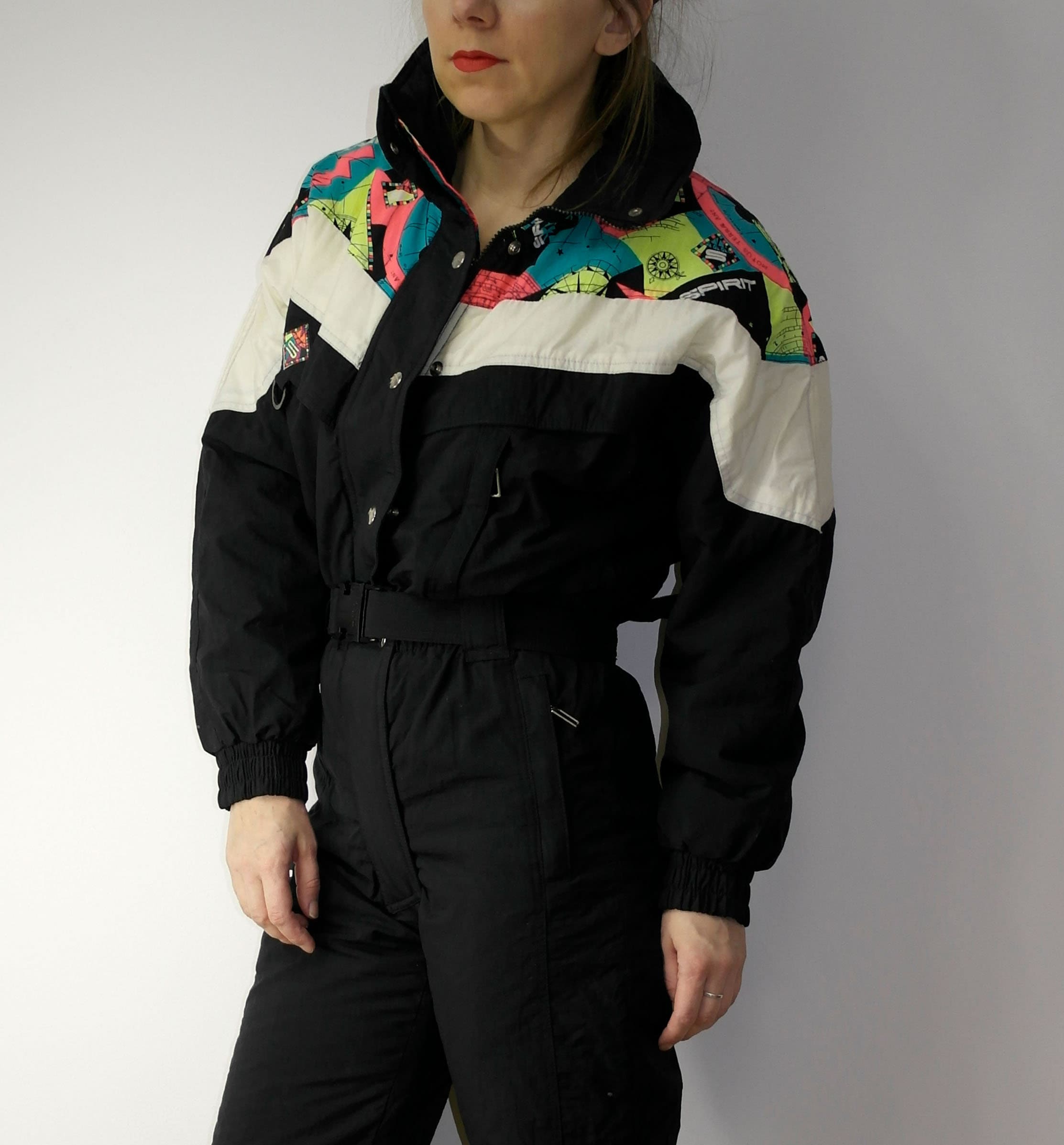 Vintage Color Block One PIECE SKI SUIT / 90S Spirit Black Snow Suit ...