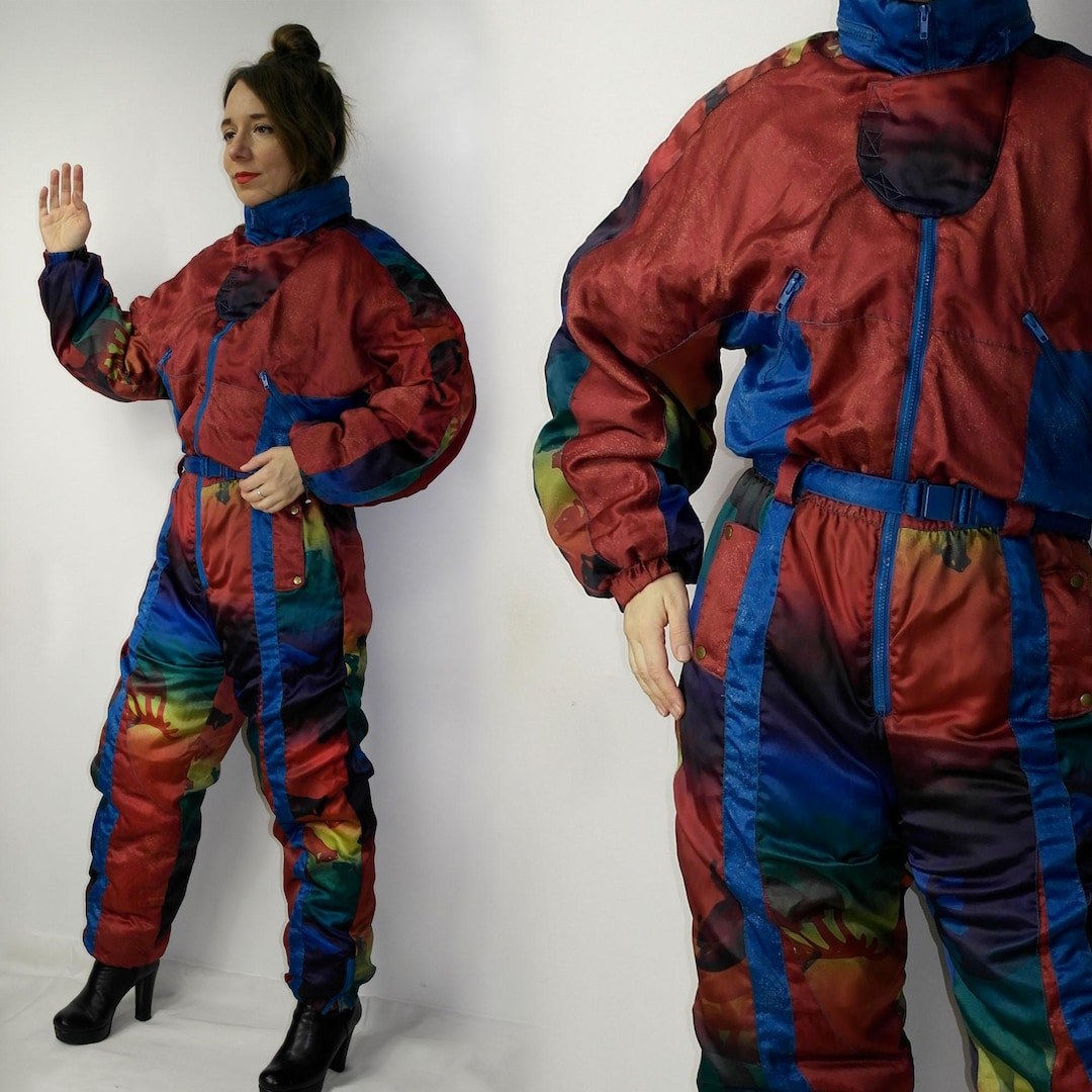 80s German Vintage Color Block One Piece Ski Suit / Animal Retro Snow ...