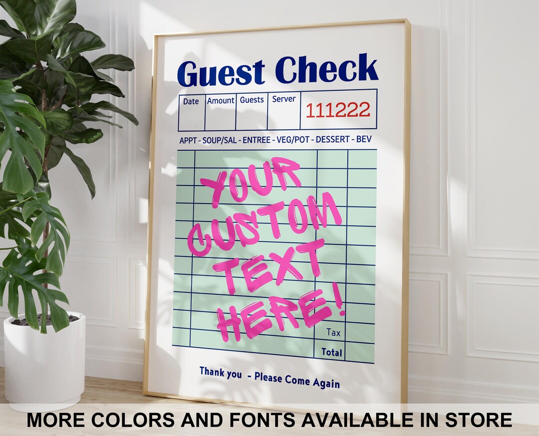 Custom Guest Check Art Print, Trendy Wall Art, Digital Download, Pick ...