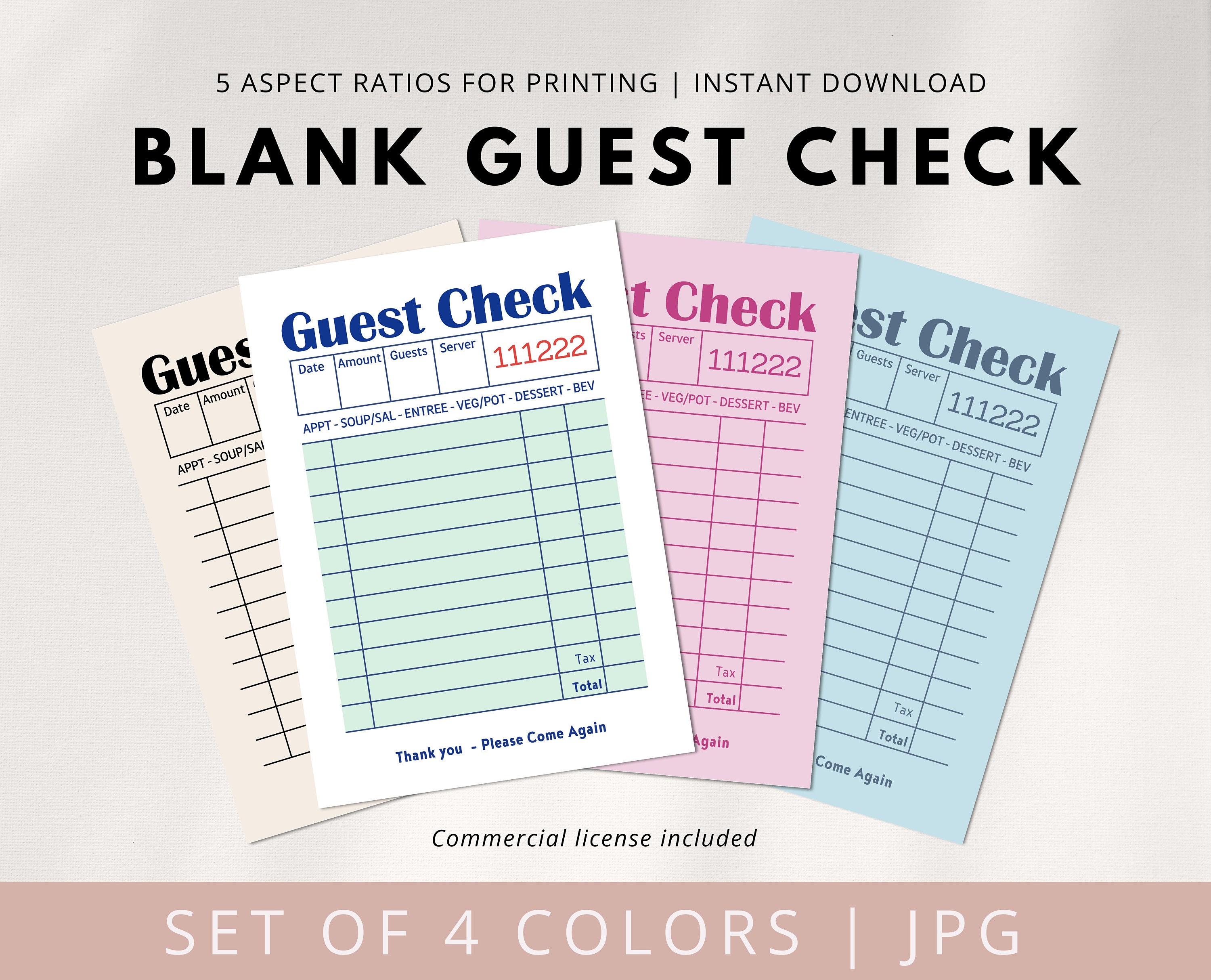 Blank Guest Check List, Guest Check Print, Guest Check Mockup ...