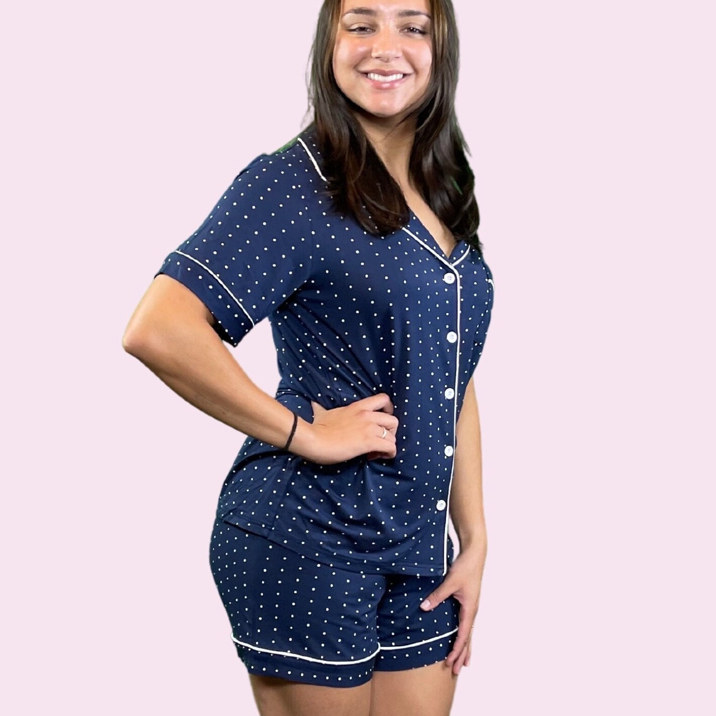 Soft Bamboo Pajamas for Women in Navy Polka Dot Moisture-wicking ...