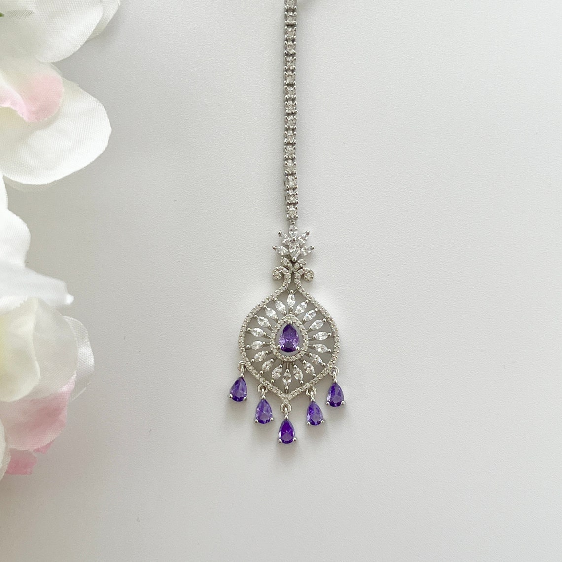 American Diamond Silver Maang Tikka Cubic Zirconia Tikka Bollywood ...
