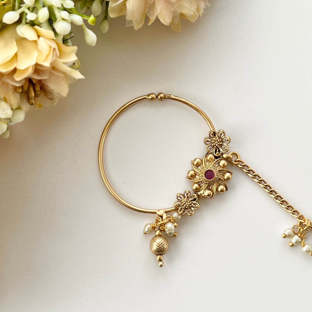 Matt Gold Pearl Indian Nose Ring Nath Clip on Bridal Wedding Nose Ring ...